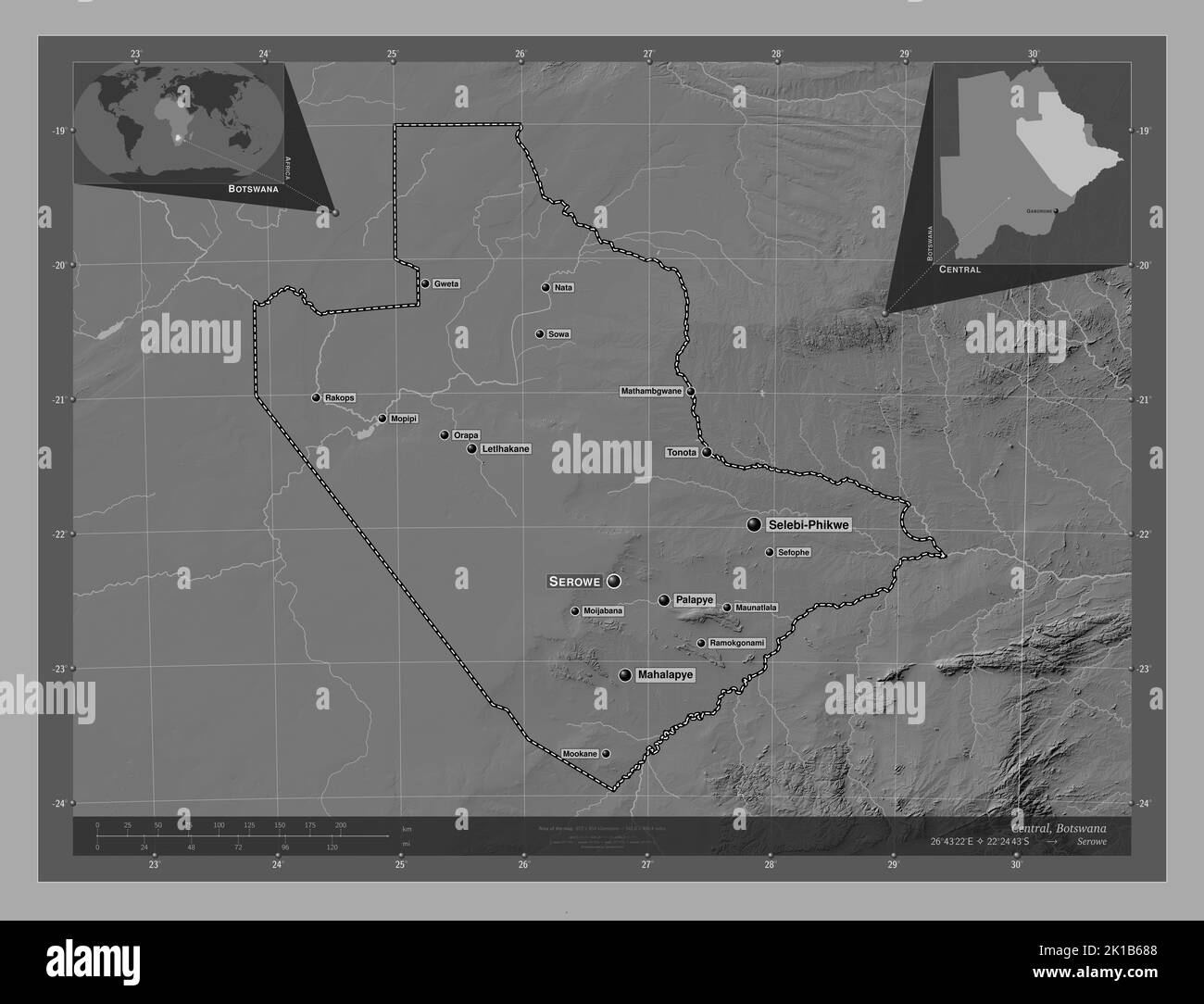 Central, district of Botswana. Bilevel elevation map with lakes and ...