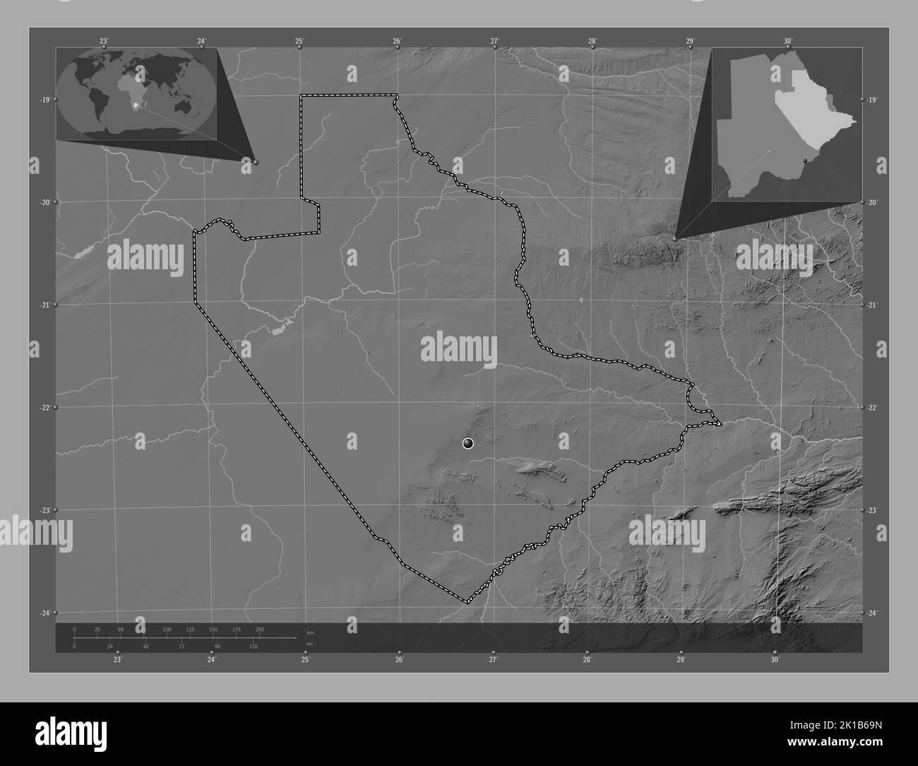 Central, district of Botswana. Bilevel elevation map with lakes and ...