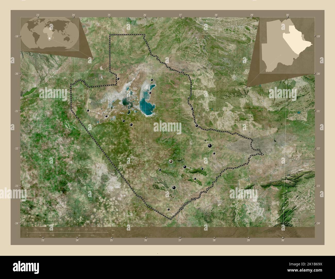 Central, district of Botswana. High resolution satellite map. Locations ...