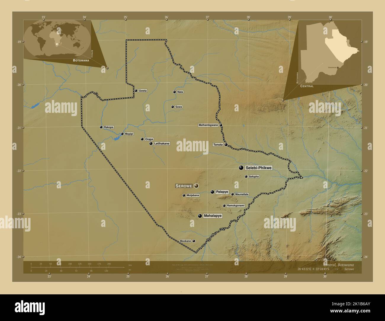 Central, district of Botswana. Colored elevation map with lakes and ...