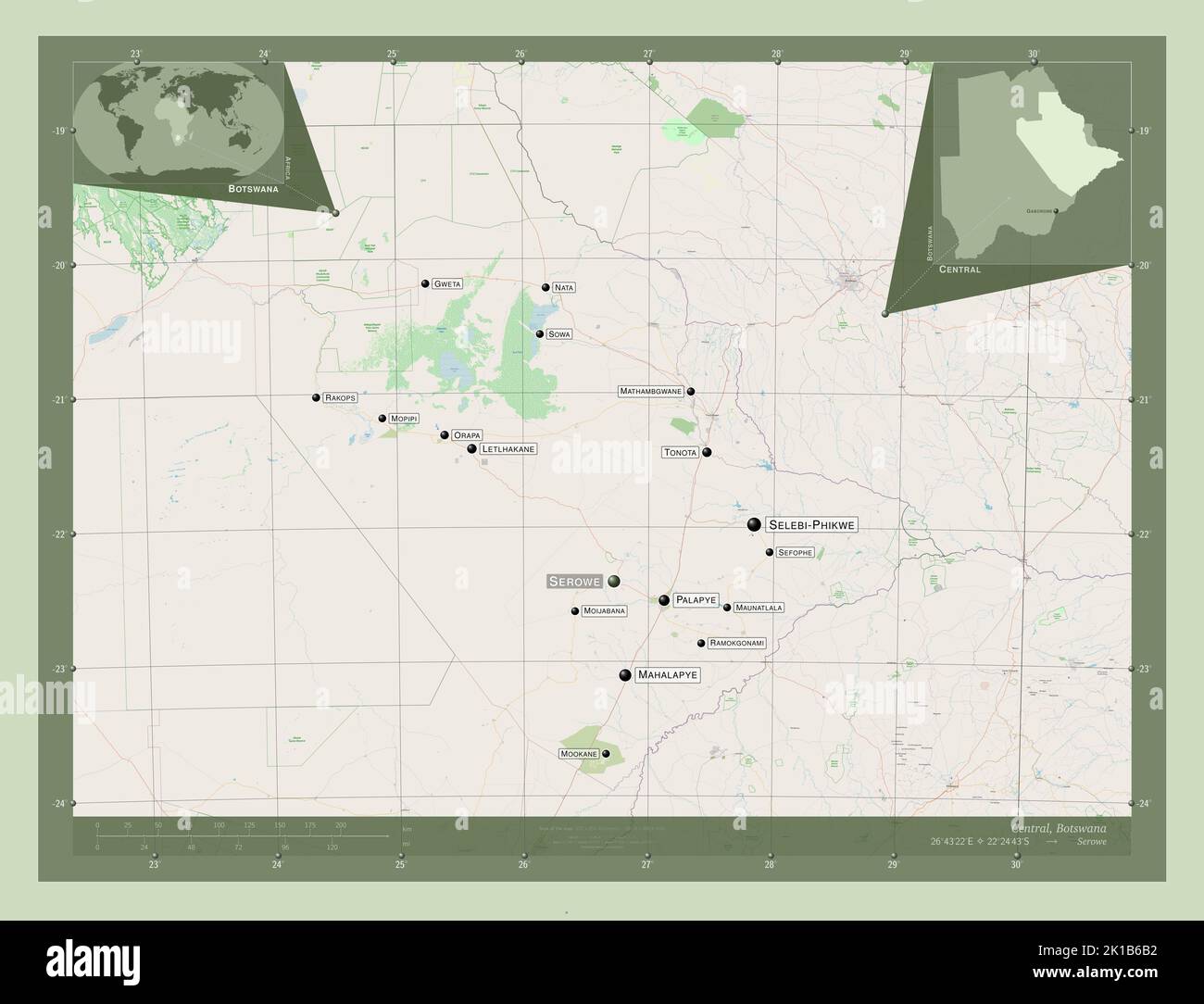 Central, district of Botswana. Open Street Map. Locations and names of ...