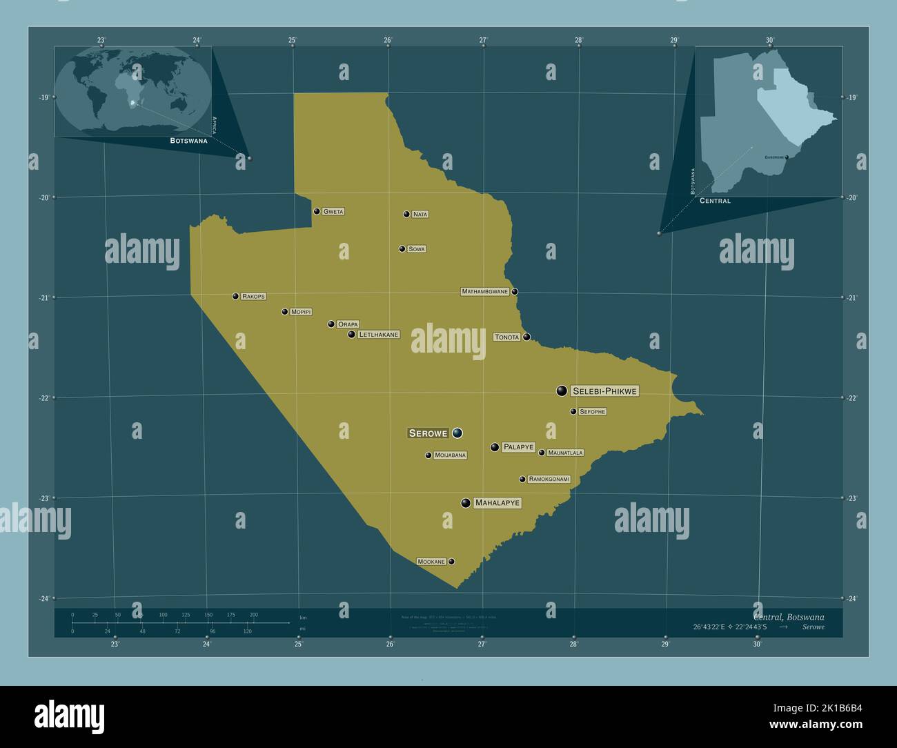 Central, district of Botswana. Solid color shape. Locations and names ...