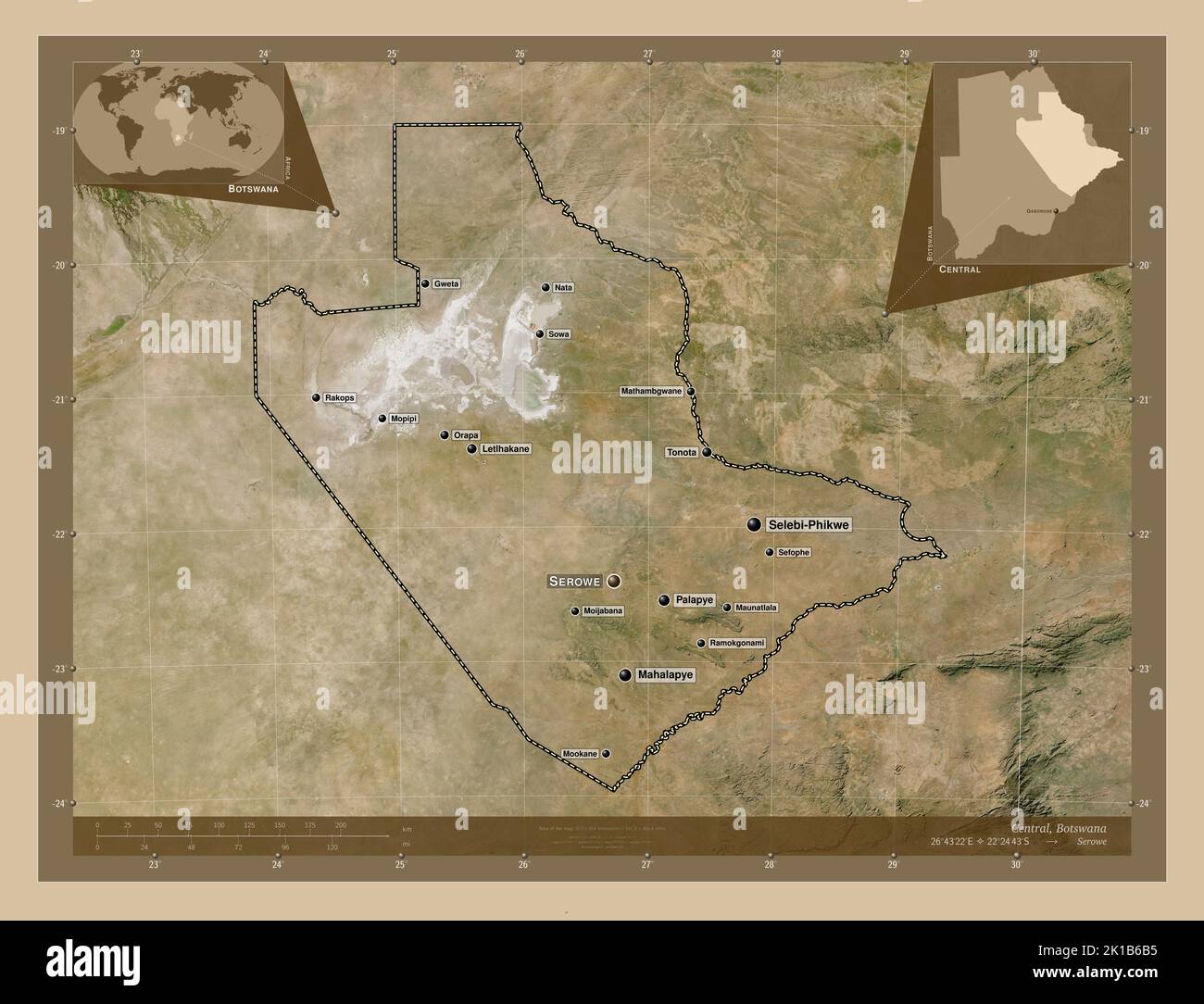 Central, district of Botswana. Low resolution satellite map. Locations ...