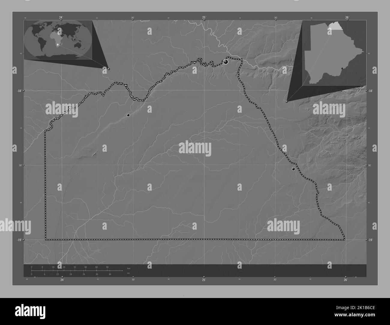 Chobe, district of Botswana. Bilevel elevation map with lakes and ...