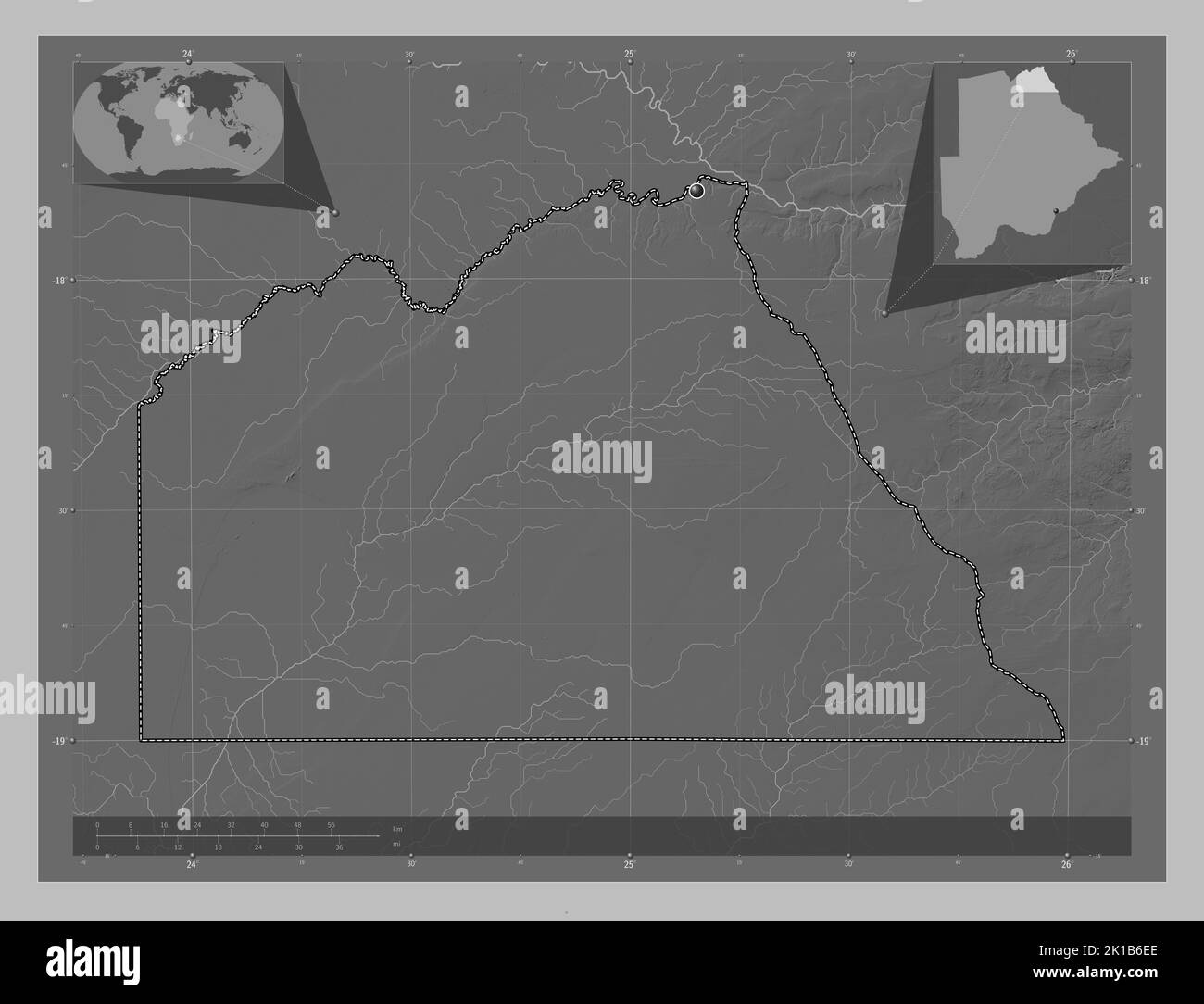 Chobe, district of Botswana. Grayscale elevation map with lakes and ...