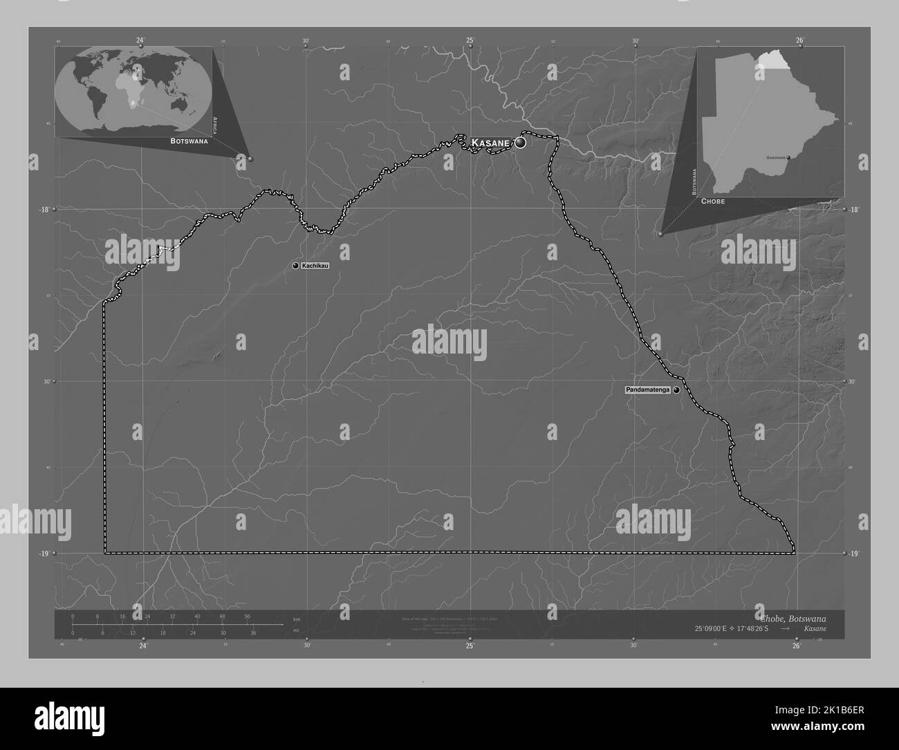 Chobe, district of Botswana. Grayscale elevation map with lakes and ...