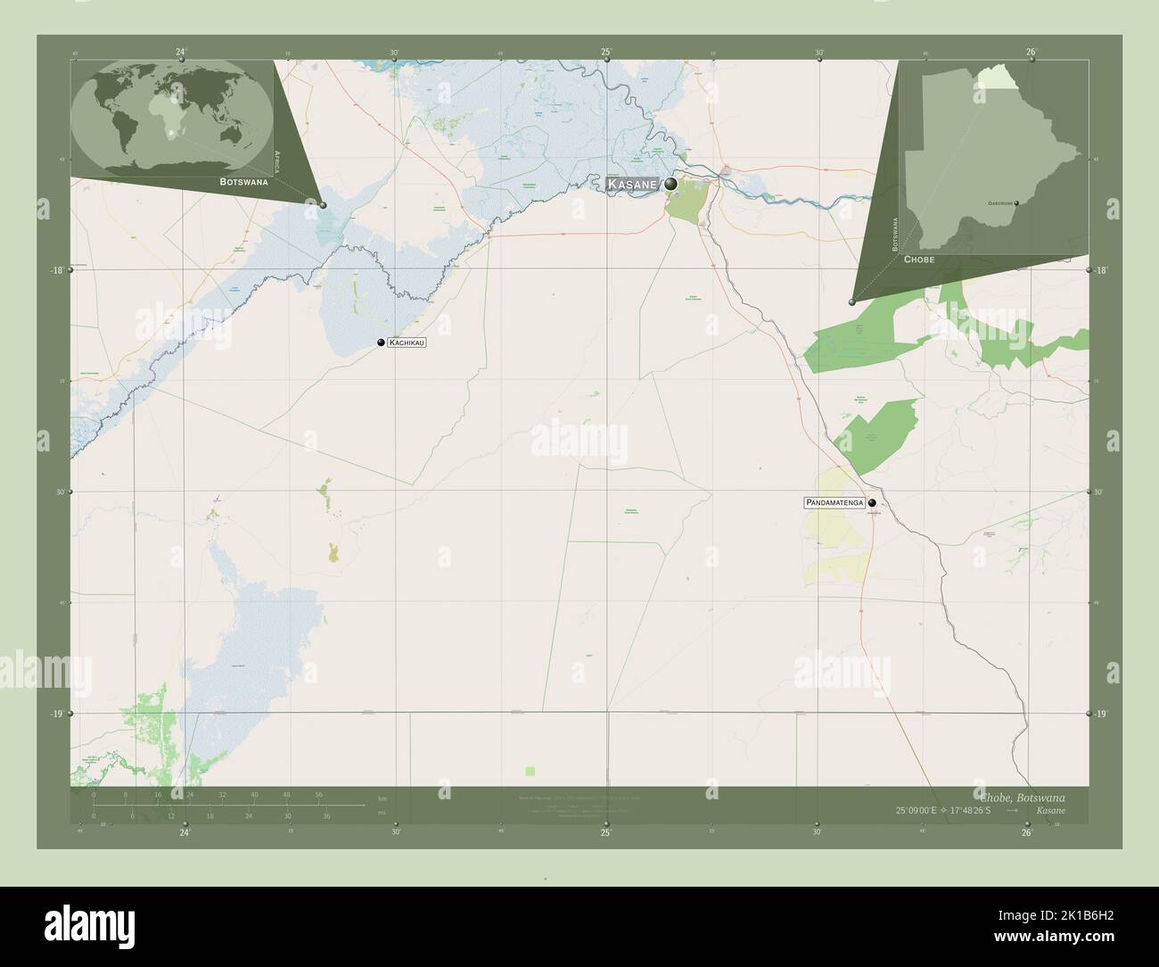 Chobe, district of Botswana. Open Street Map. Locations and names of ...
