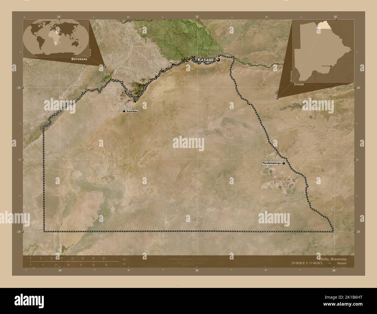 Chobe, district of Botswana. Low resolution satellite map. Locations ...