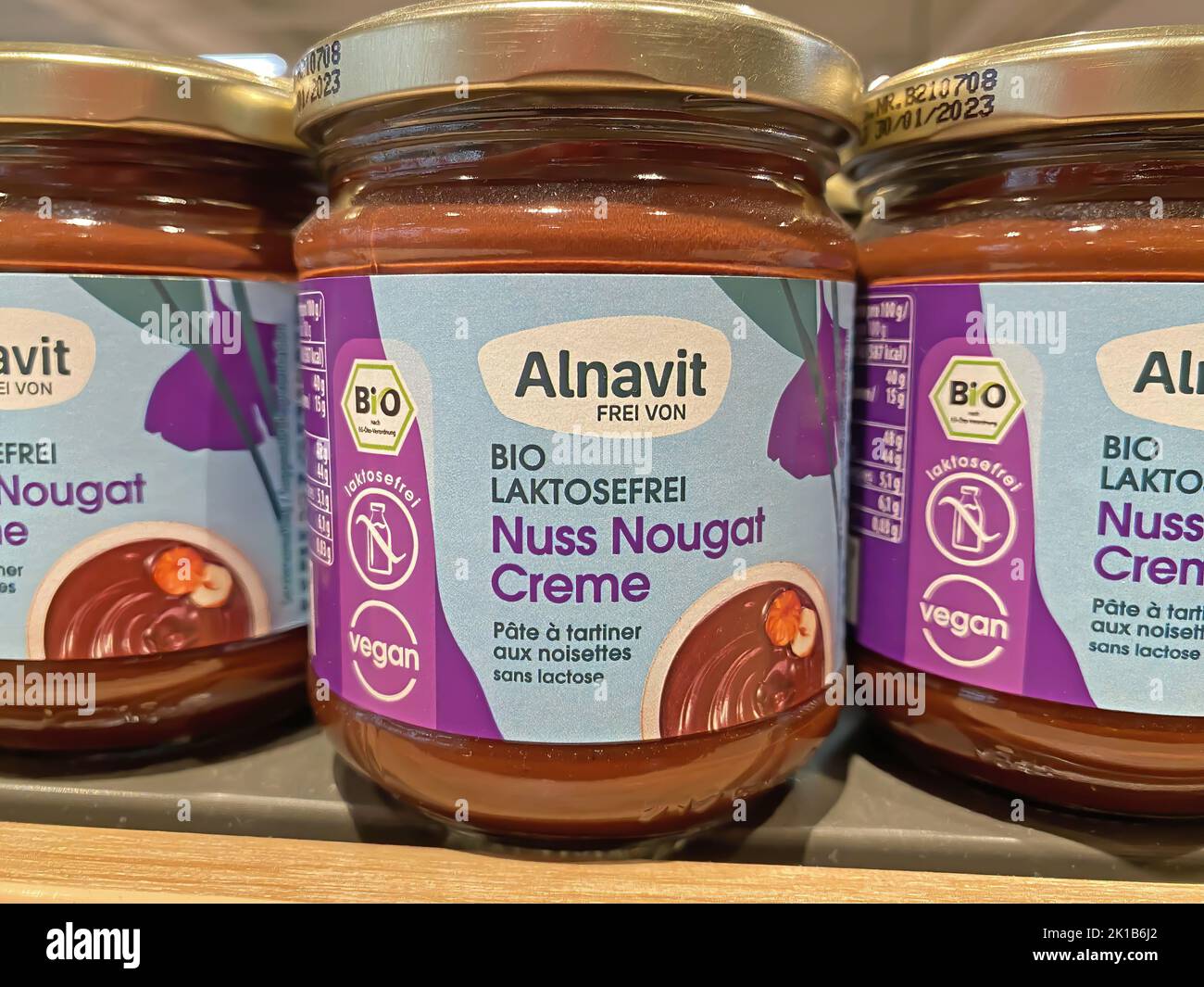 Viersen, Germany - June 9. 2022: Closeup of jars Alnavit organic ...