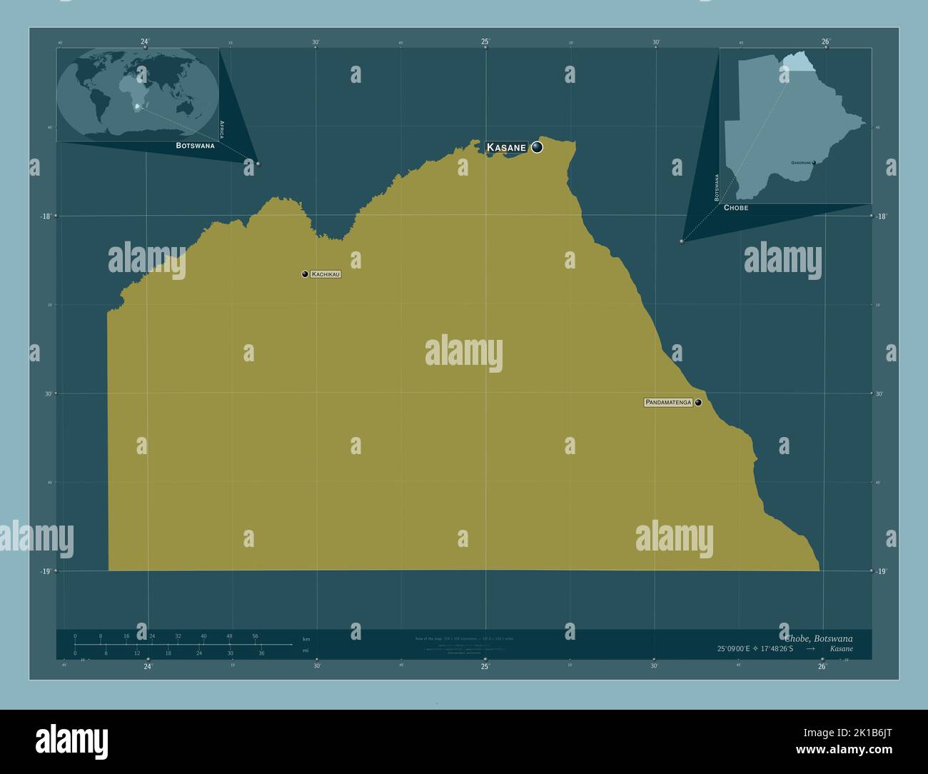 Chobe, district of Botswana. Solid color shape. Locations and names of ...