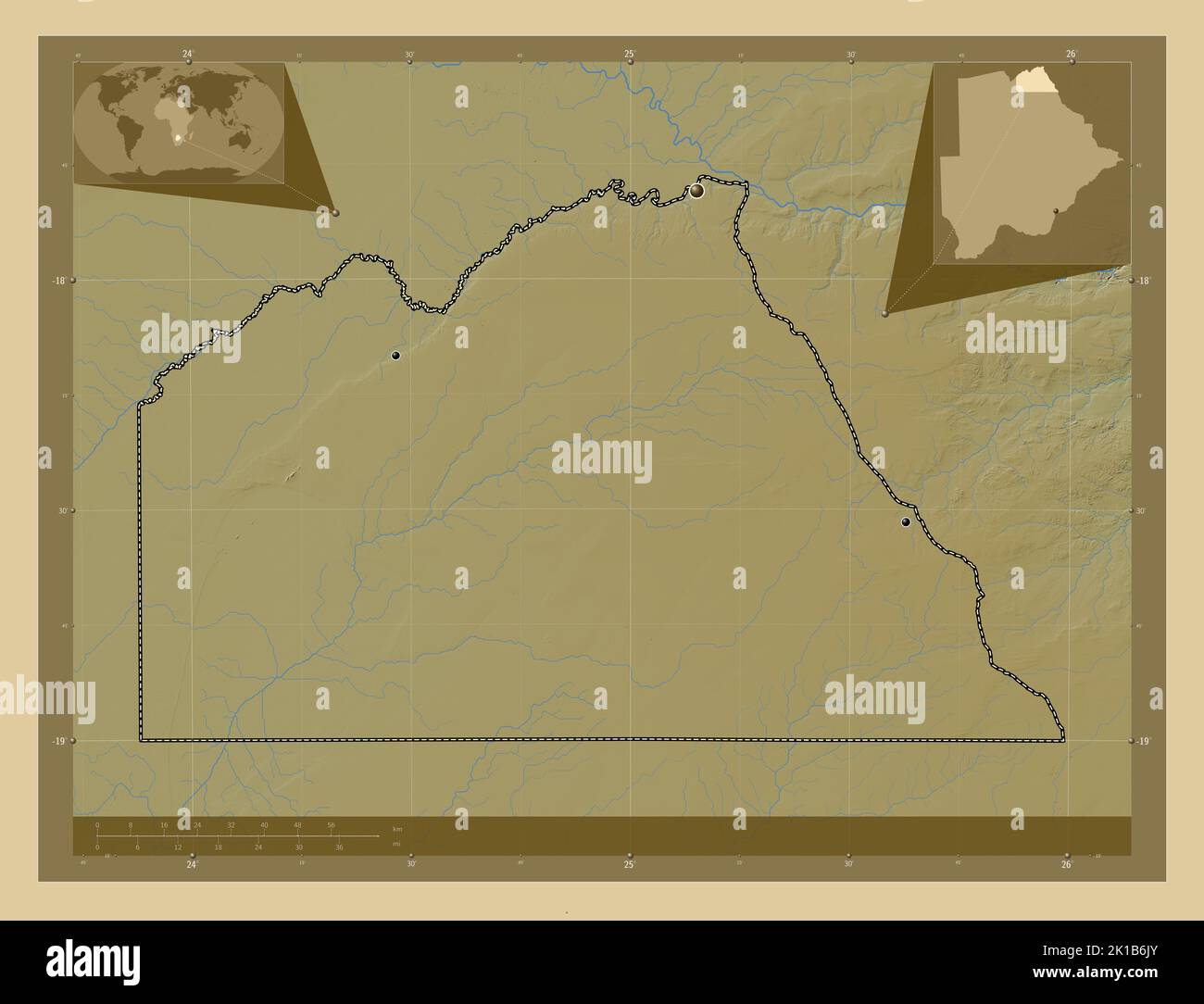 Chobe, district of Botswana. Colored elevation map with lakes and ...