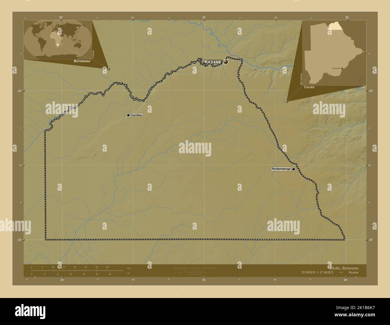 Chobe, district of Botswana. Colored elevation map with lakes and ...