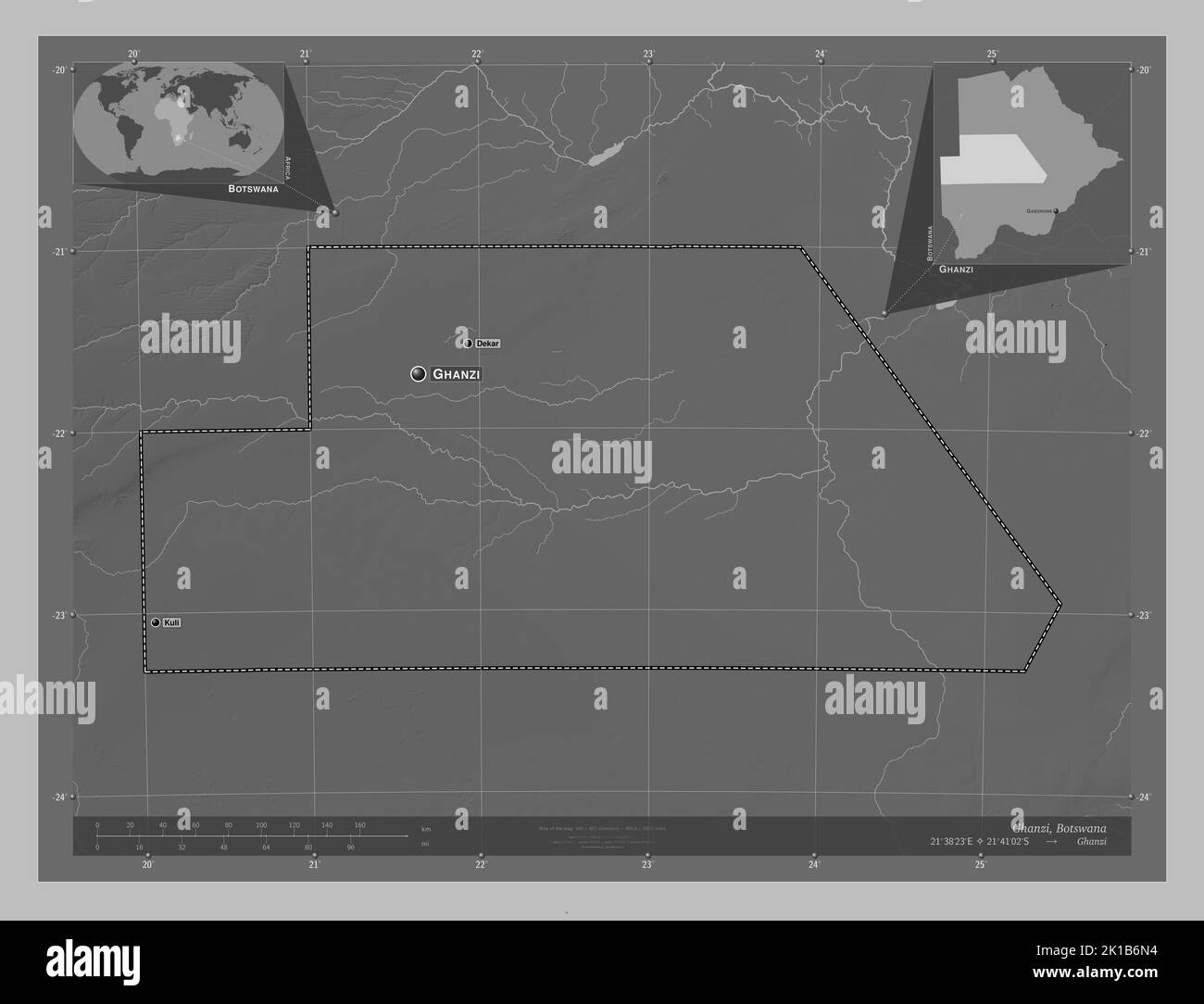 Ghanzi, district of Botswana. Grayscale elevation map with lakes and ...