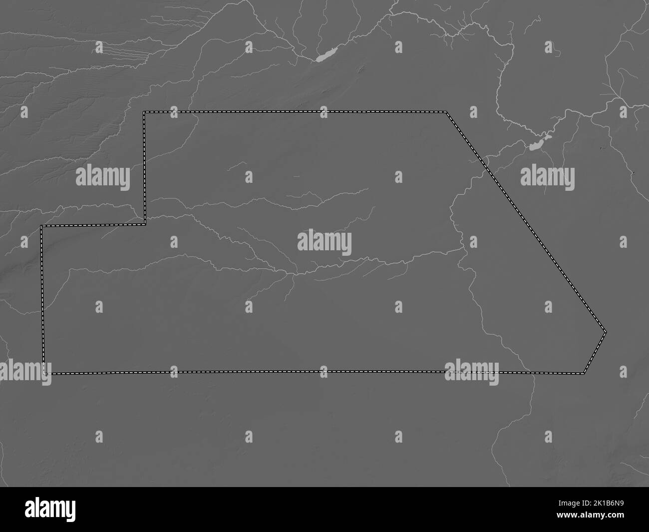 Ghanzi, district of Botswana. Grayscale elevation map with lakes and ...