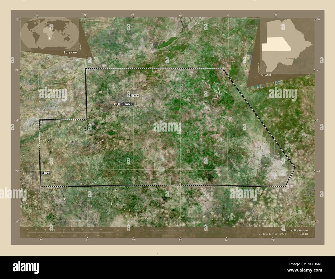 Ghanzi, district of Botswana. High resolution satellite map. Locations ...