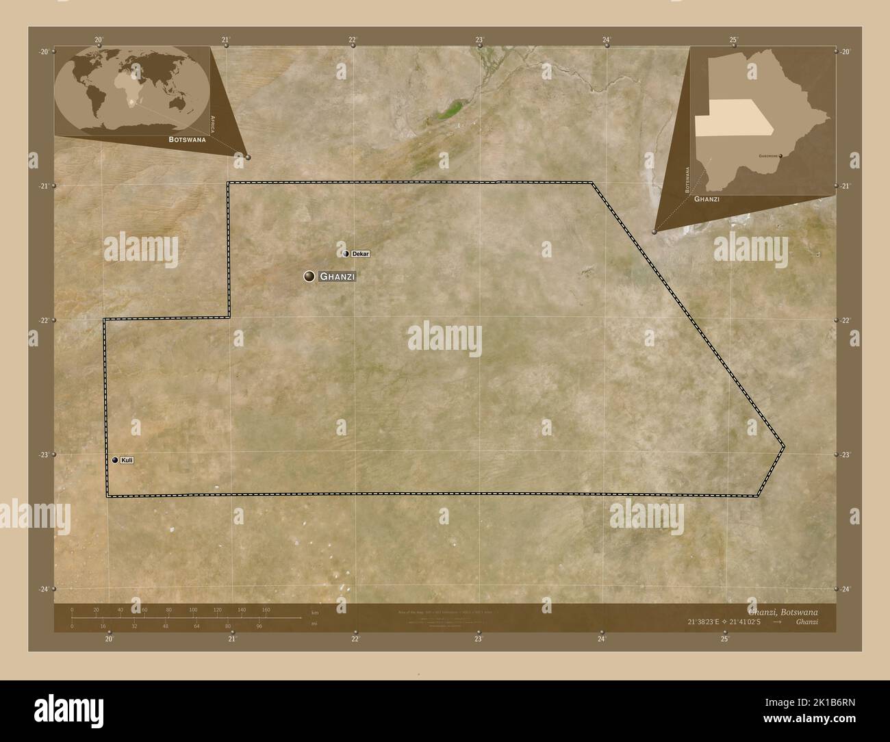 Ghanzi, district of Botswana. Low resolution satellite map. Locations ...