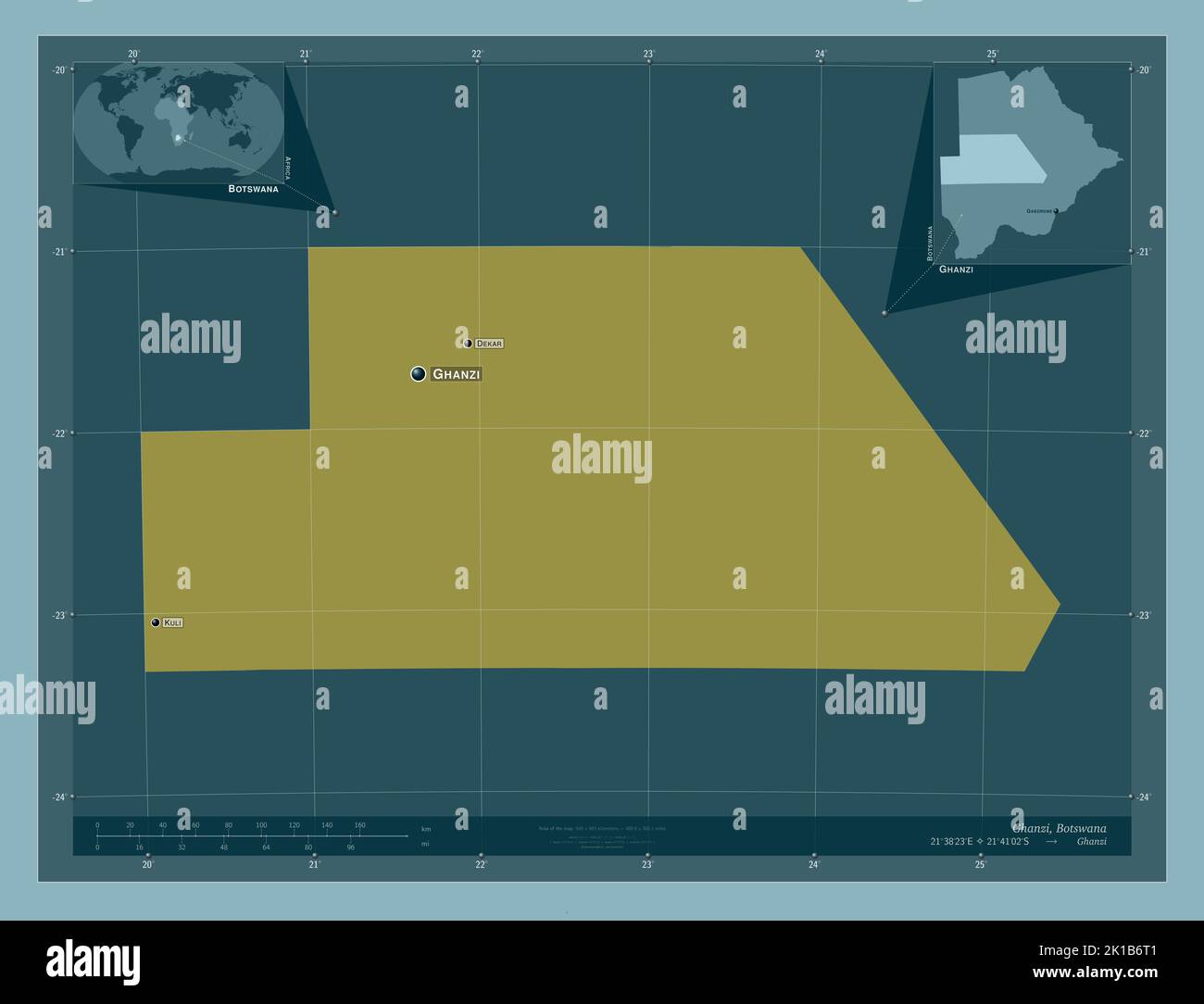 Ghanzi, district of Botswana. Solid color shape. Locations and names of major cities of the ...