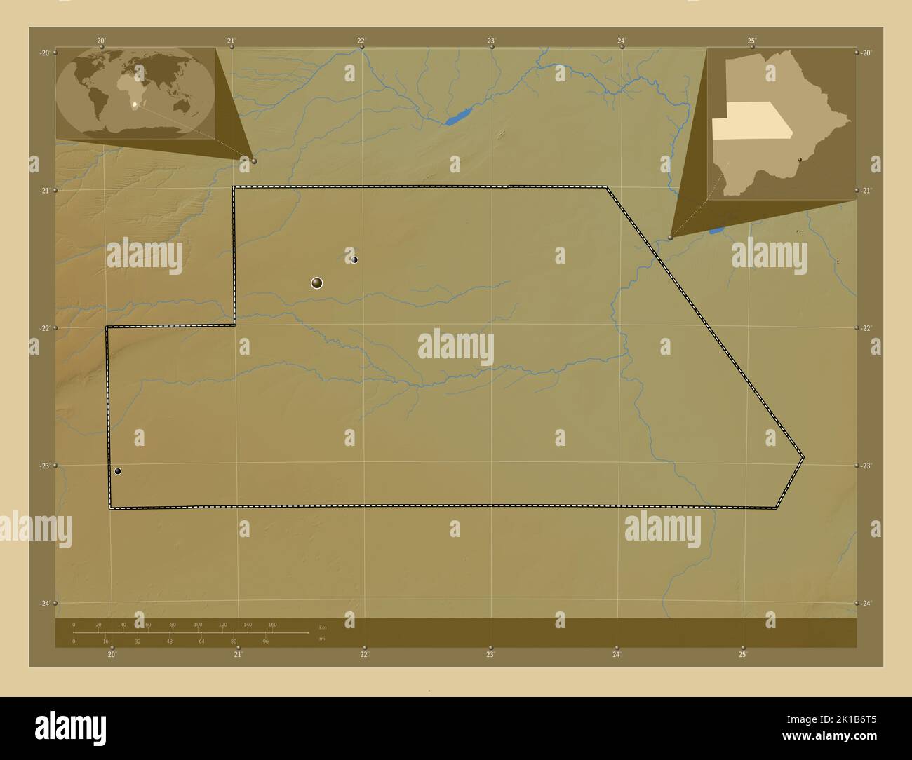 Ghanzi, district of Botswana. Colored elevation map with lakes and ...