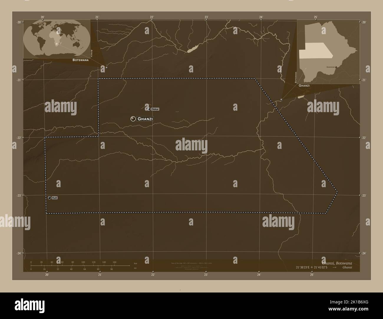 Ghanzi, district of Botswana. Elevation map colored in sepia tones with ...