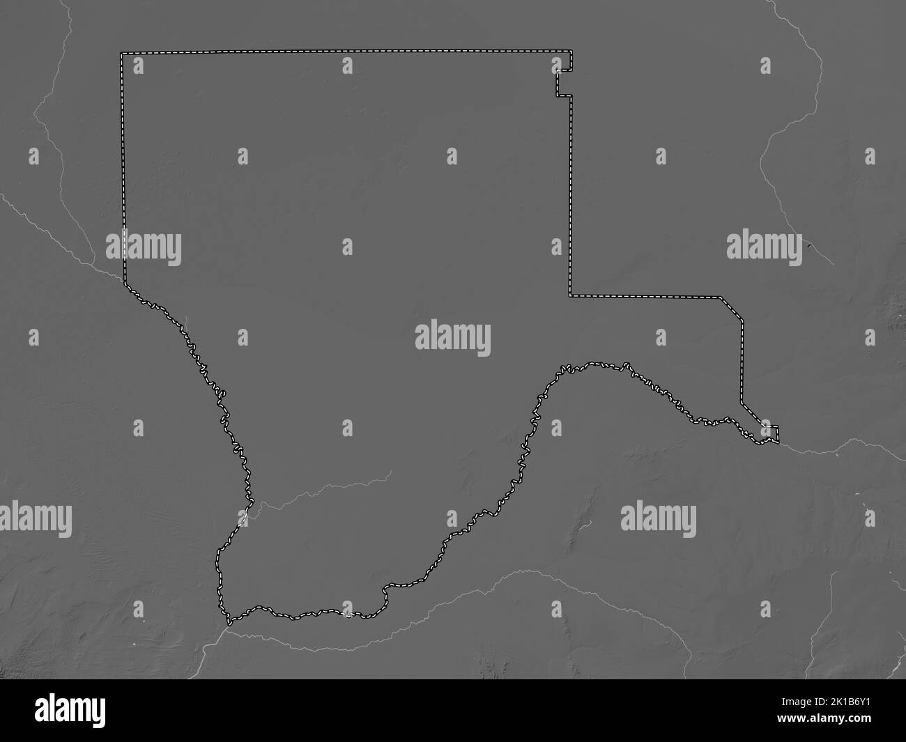 Kgalagadi, district of Botswana. Grayscale elevation map with lakes and ...