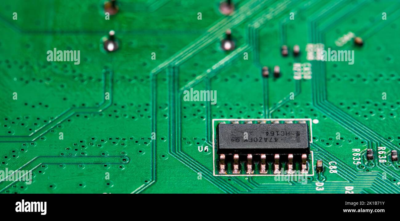 Macro Close up of printed wiring on PC circuit board of modem router ...