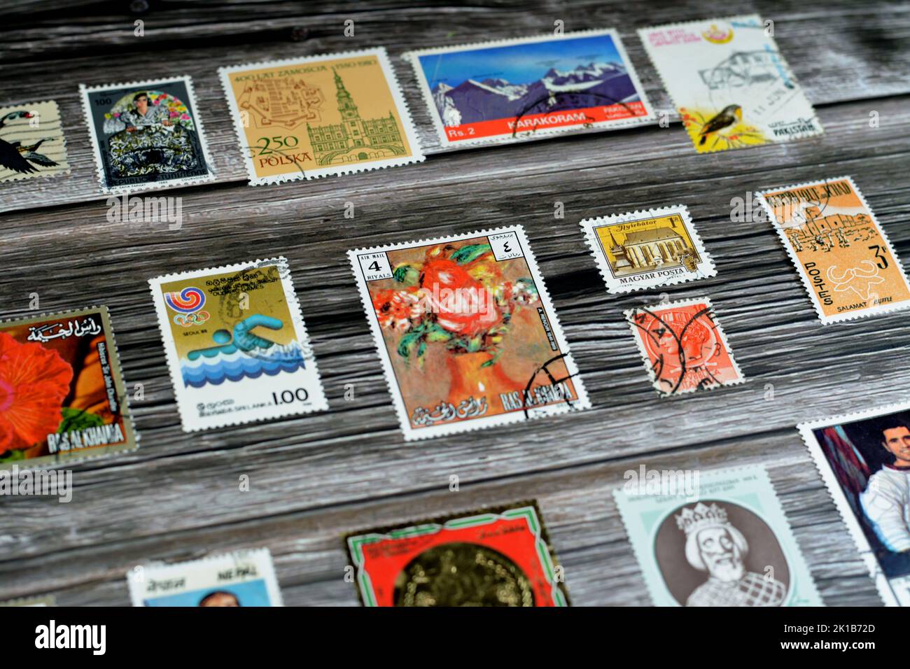 Cairo, Egypt, August 15 2022: Old used historical collection of postage ...