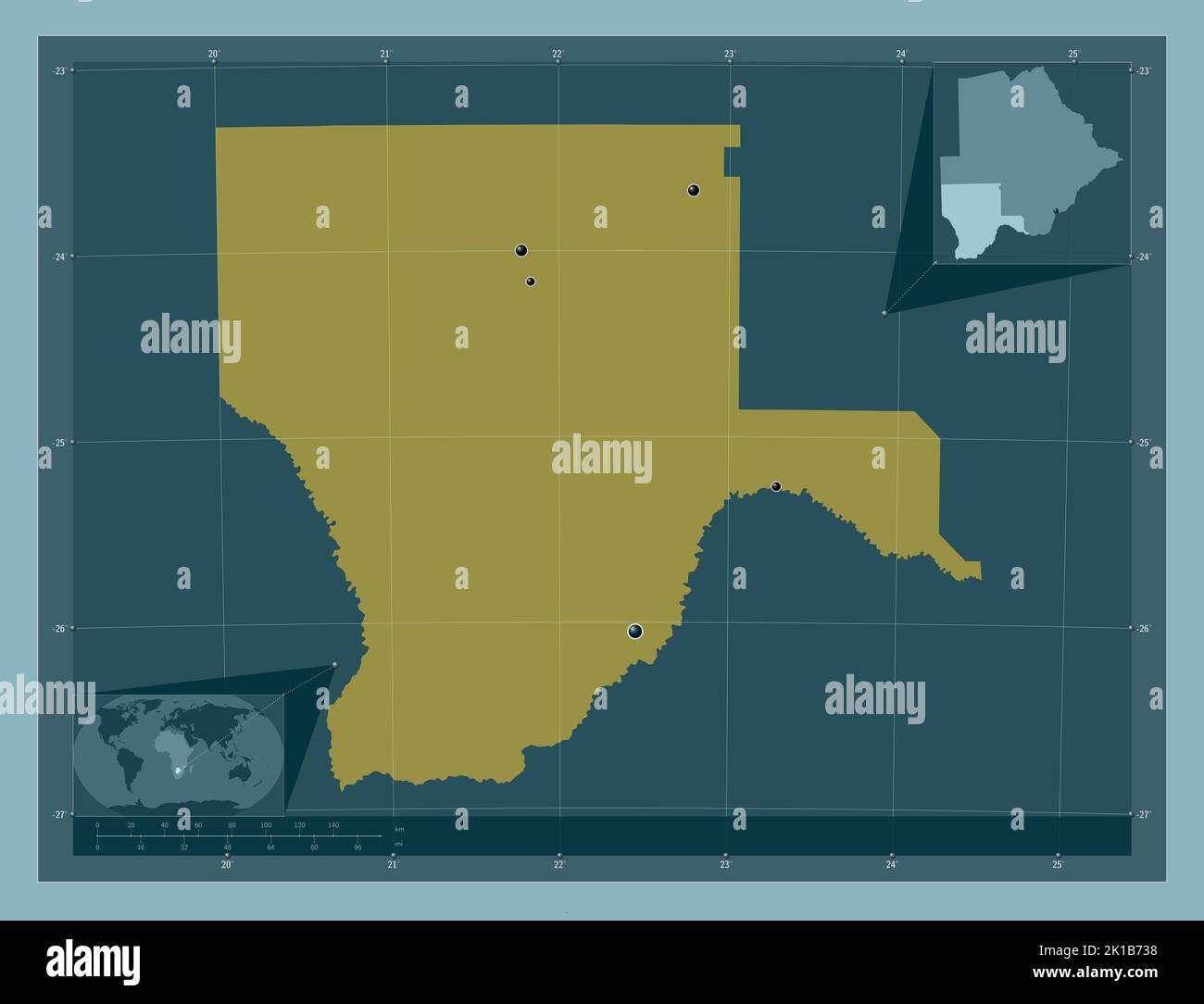 Kgalagadi, district of Botswana. Solid color shape. Locations of major cities of the region ...