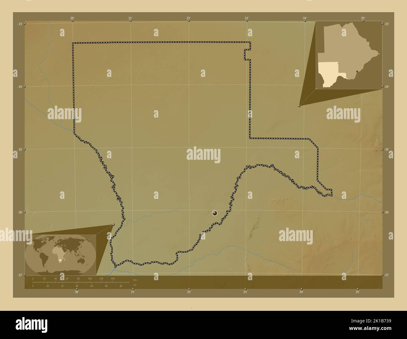 Kgalagadi, district of Botswana. Colored elevation map with lakes and ...