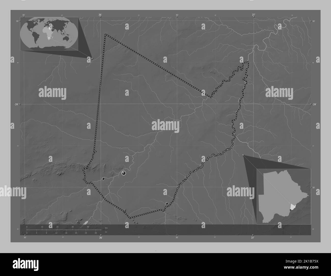 Kgatleng, district of Botswana. Grayscale elevation map with lakes and ...
