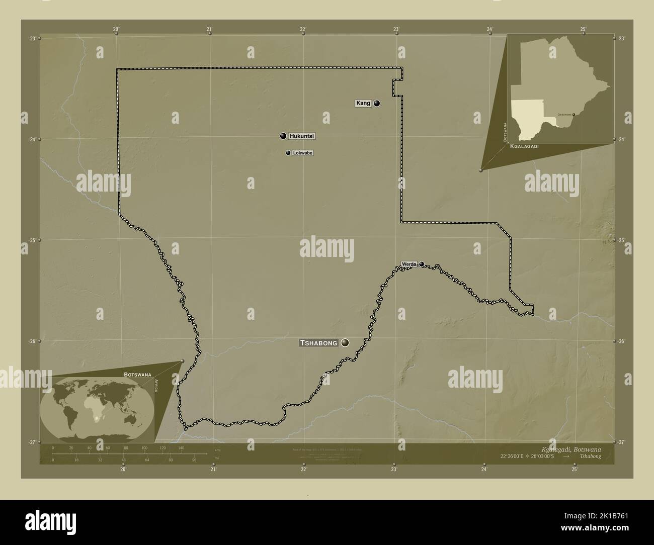Kgalagadi, district of Botswana. Elevation map colored in wiki style ...