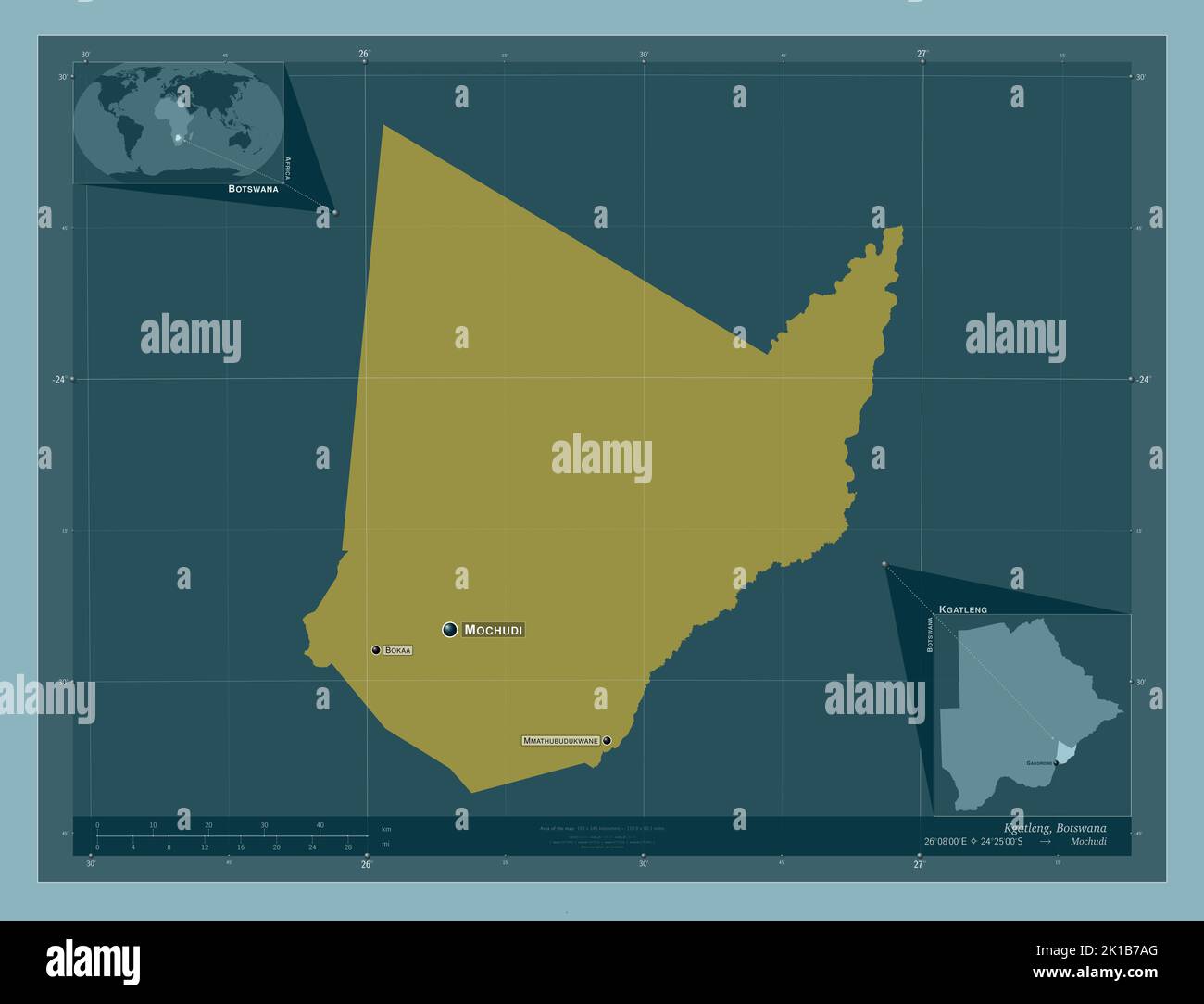 Kgatleng, district of Botswana. Solid color shape. Locations and names ...
