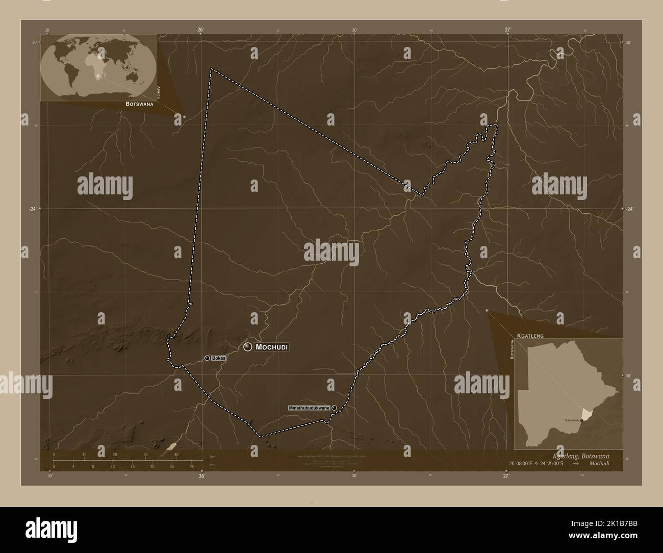 Kgatleng, district of Botswana. Elevation map colored in sepia tones ...