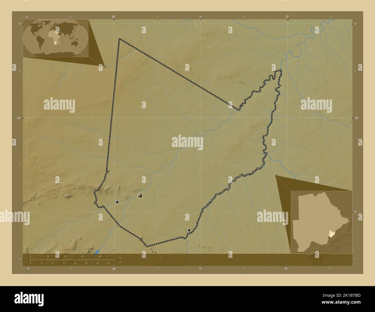 Kgatleng, district of Botswana. Colored elevation map with lakes and ...