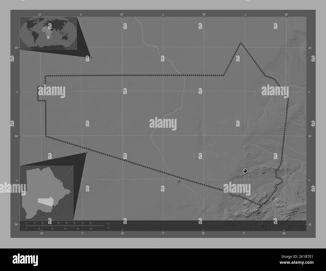Kweneng, district of Botswana. Bilevel elevation map with lakes and ...