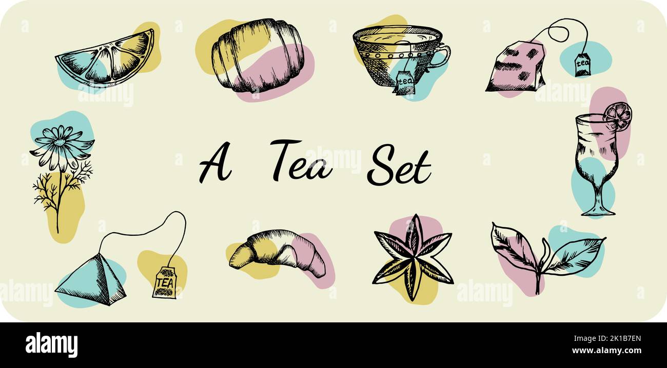 Tea set icons in doodle style. Tea bags, chamomile mug and glass ...
