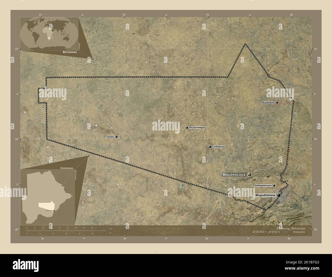 Kweneng, district of Botswana. High resolution satellite map. Locations ...