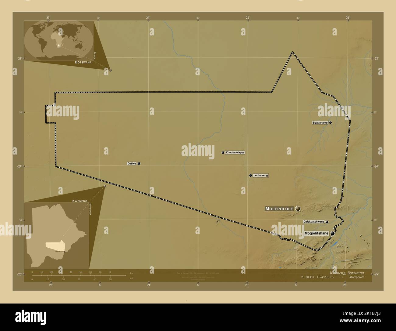 Kweneng, district of Botswana. Colored elevation map with lakes and ...