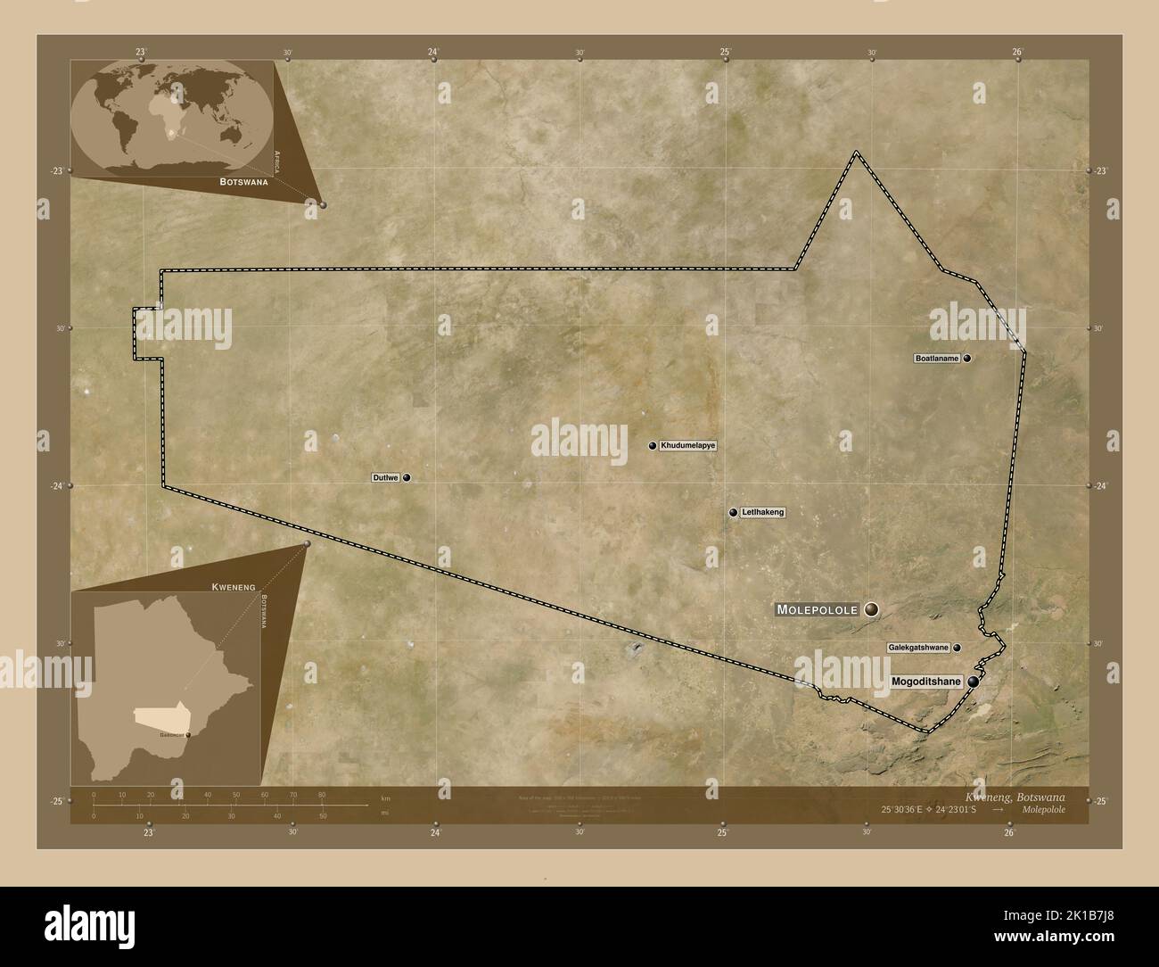 Kweneng, district of Botswana. Low resolution satellite map. Locations ...