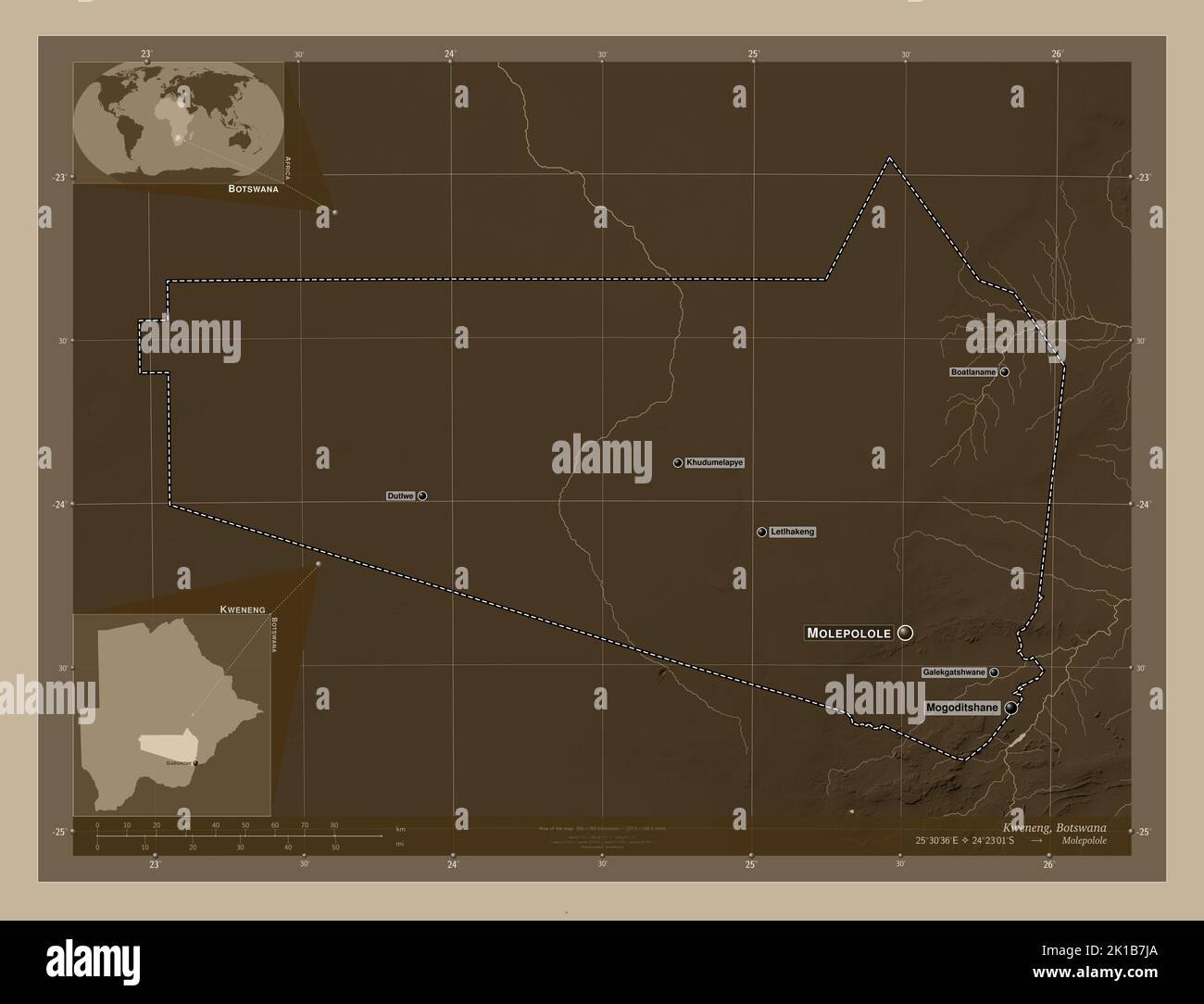 Kweneng, district of Botswana. Elevation map colored in sepia tones ...