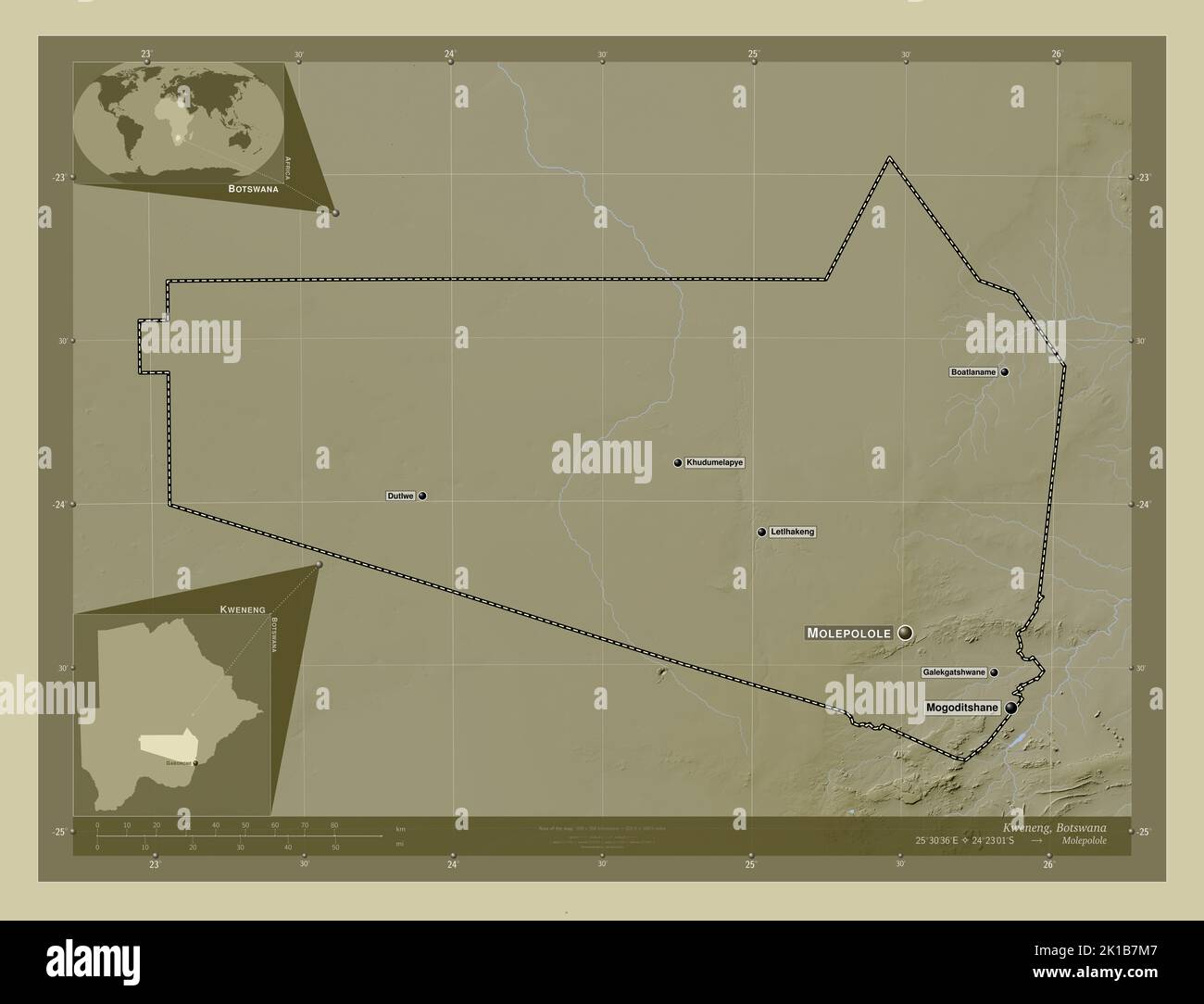 Kweneng, district of Botswana. Elevation map colored in wiki style with ...