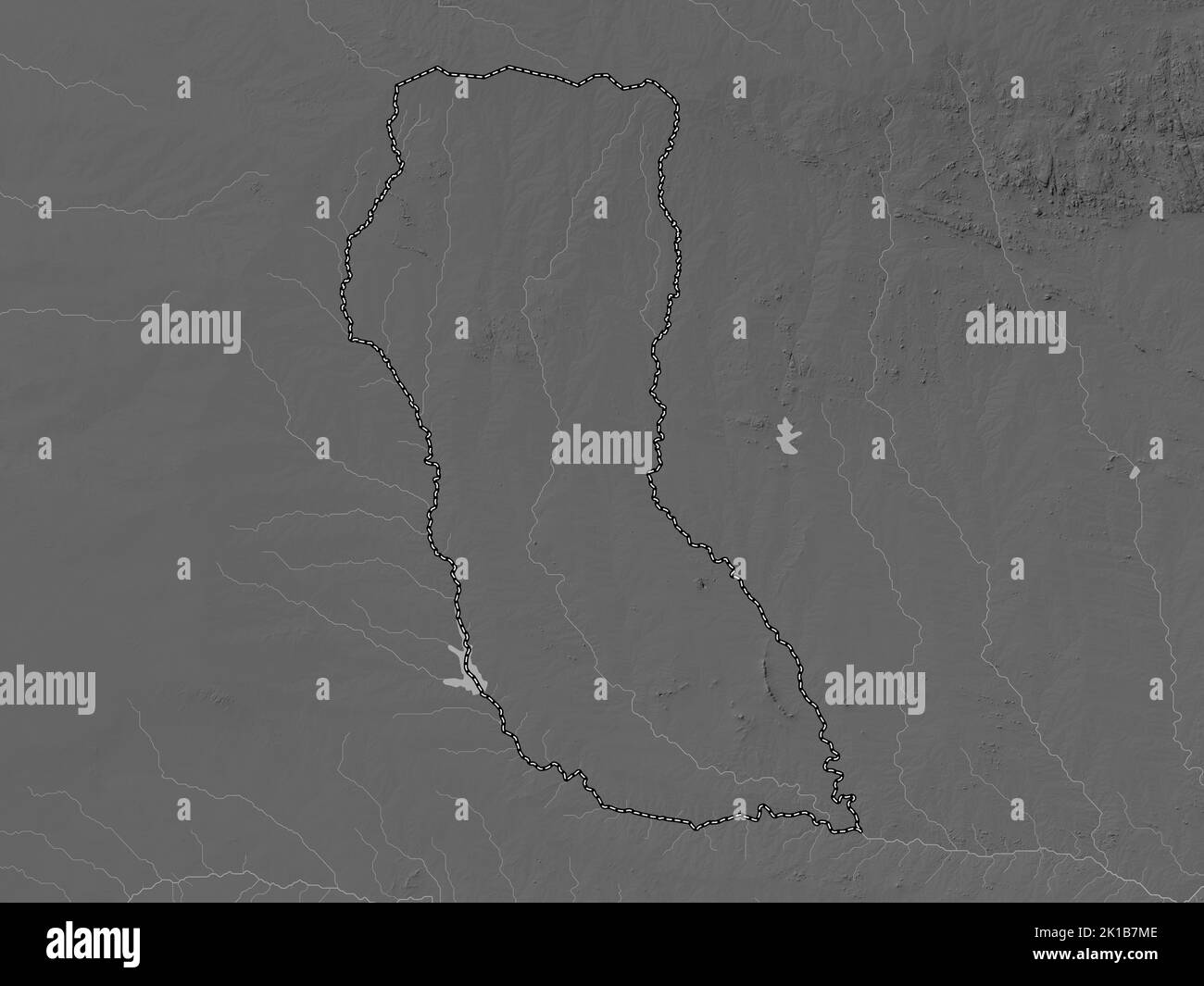 North-East, district of Botswana. Grayscale elevation map with lakes ...