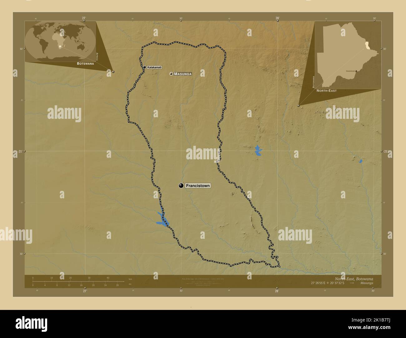 North-East, district of Botswana. Colored elevation map with lakes and ...