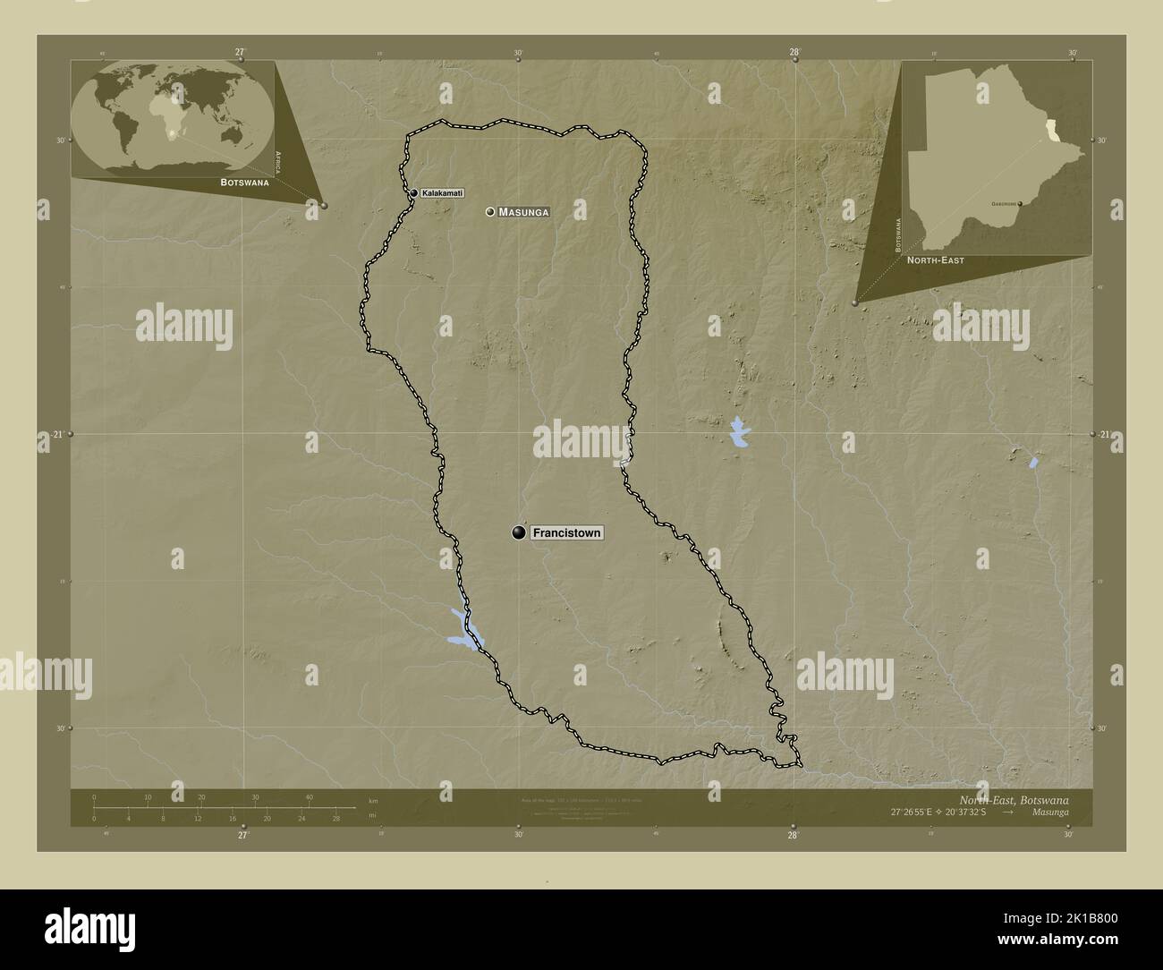 North-East, district of Botswana. Elevation map colored in wiki style ...