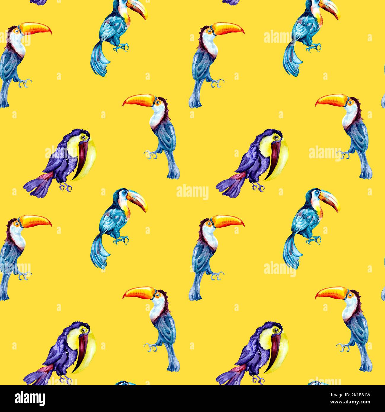 Toucans, exotic tropical birds watercolor seamless pattern on yellow ...