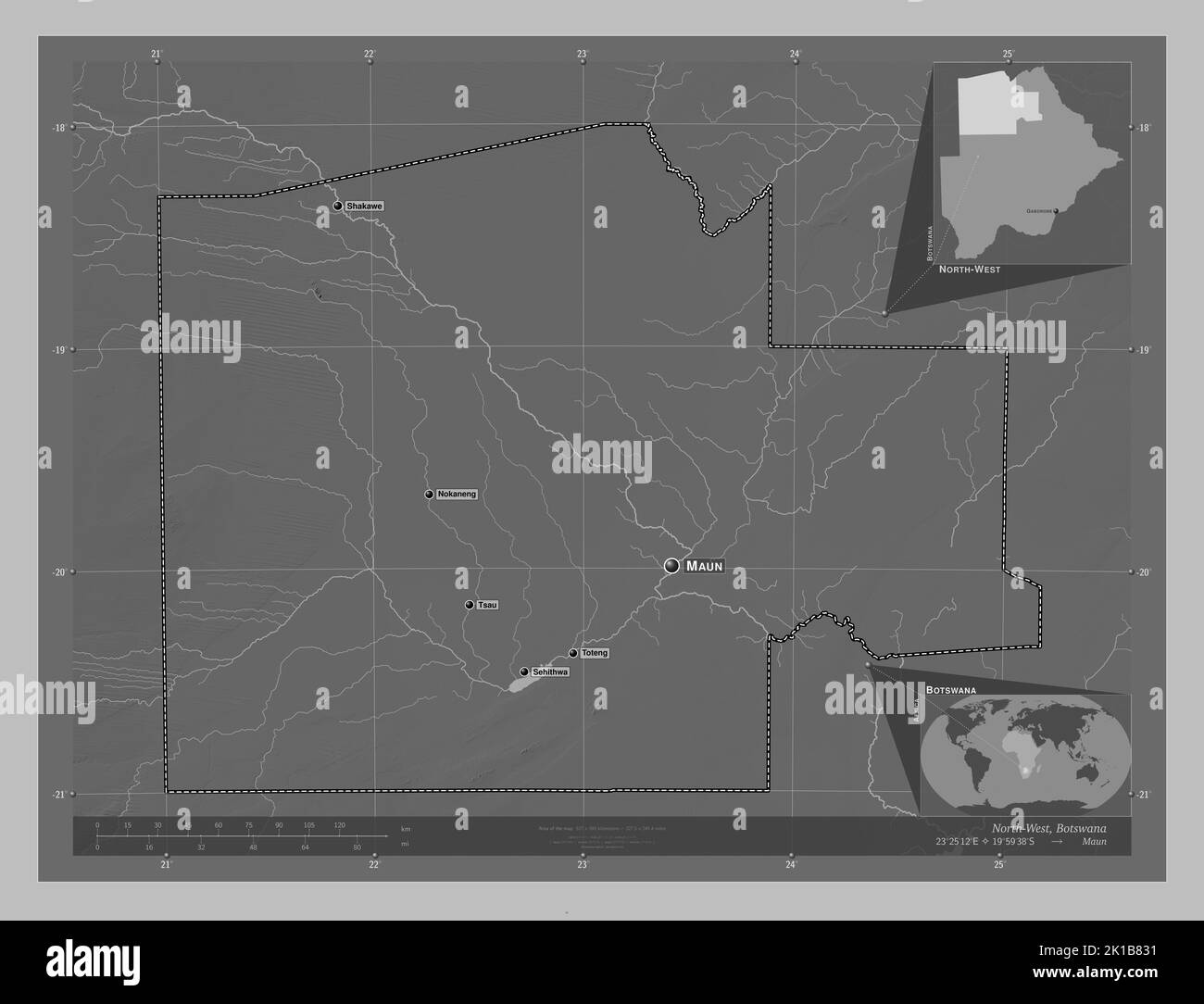 North-West, district of Botswana. Grayscale elevation map with lakes ...