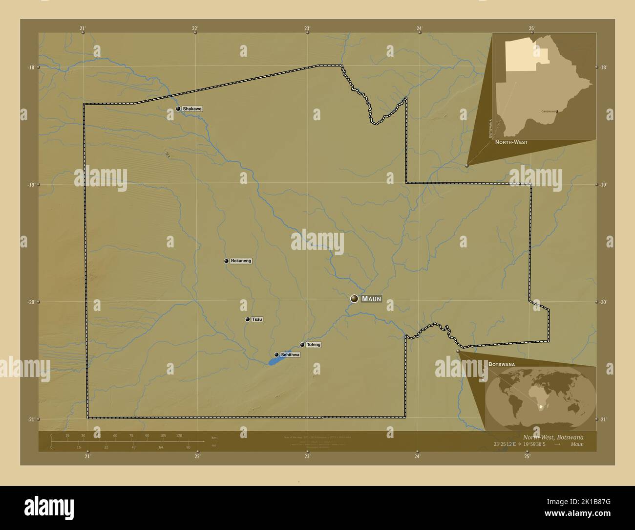 North-West, district of Botswana. Colored elevation map with lakes and ...