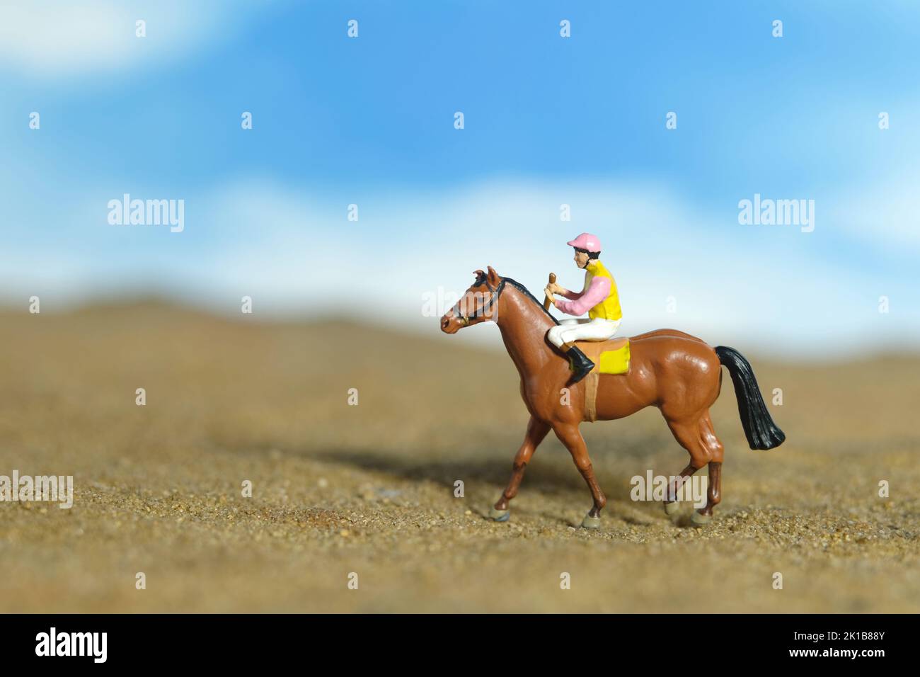 Miniature people toy figure photography. A jockey man riding horse at ...