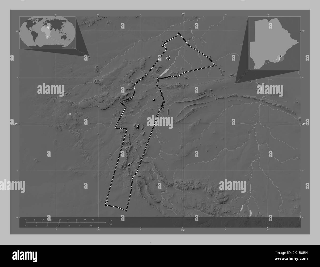 South-East, district of Botswana. Grayscale elevation map with lakes ...