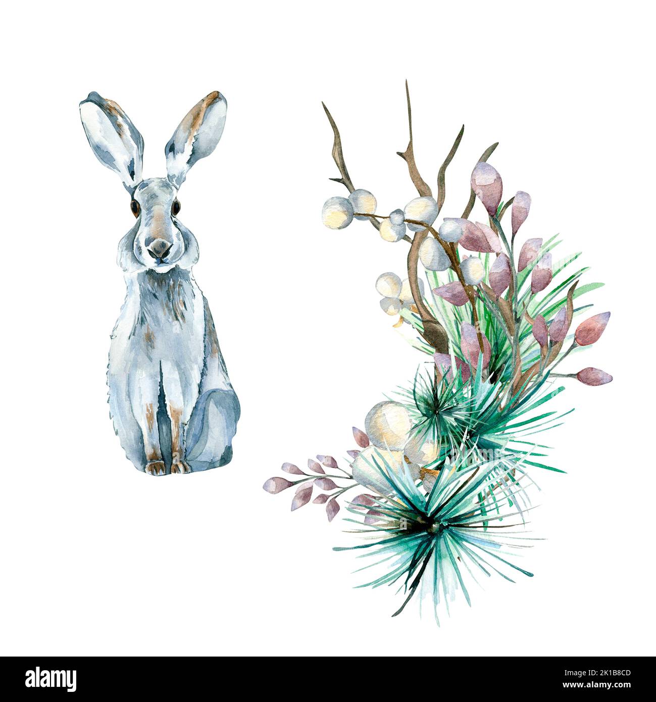 Set for Christmas composition with hare watercolor illustration ...