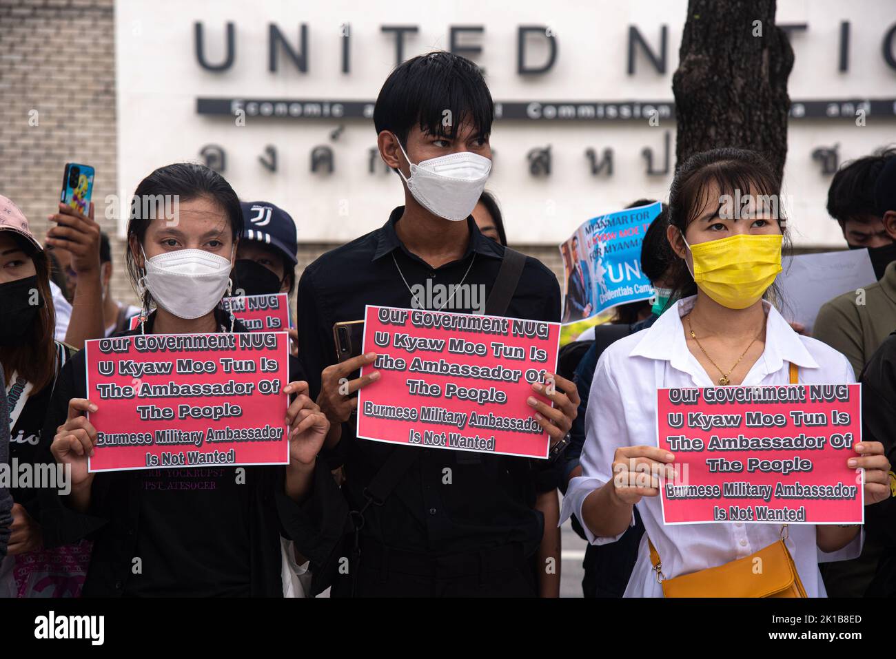 Bangkok, Thailand. 17th Sep, 2022. Protesters hold placards expressing ...